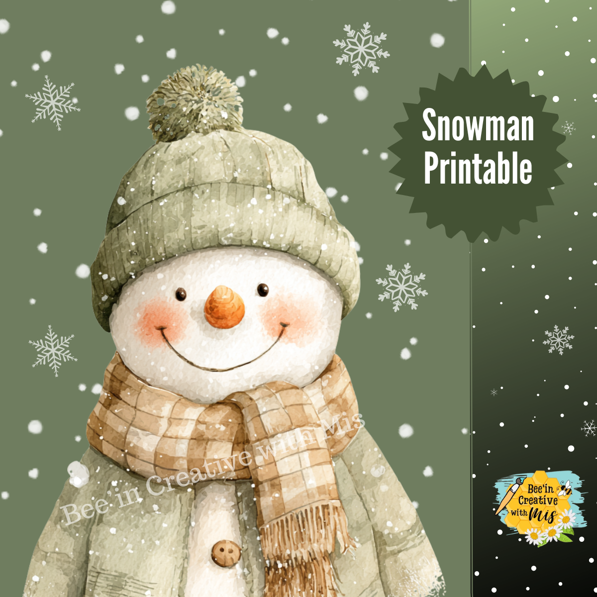 Snowmen on Olive Green Color Printable 1x4 or 2x4 – Bee'in Creative ...